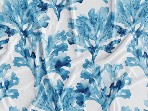Tecido Algas Azuis Aguarela Fundo Branco - K25 – Padrão Bê